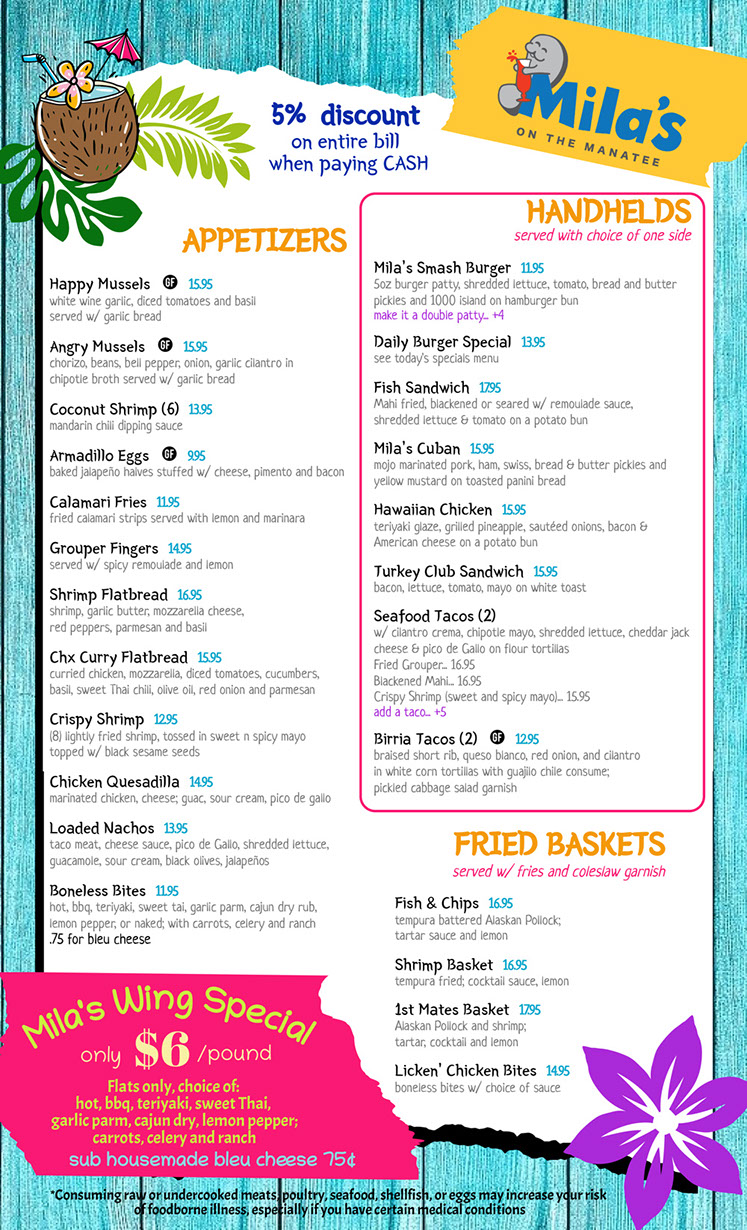 Menu | Mila's on the Manatee